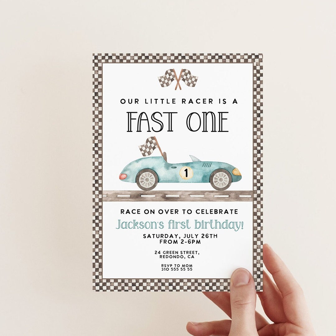 Fast One Race Car Birthday Invitation, 1st Birthday, Vintatge Car ...