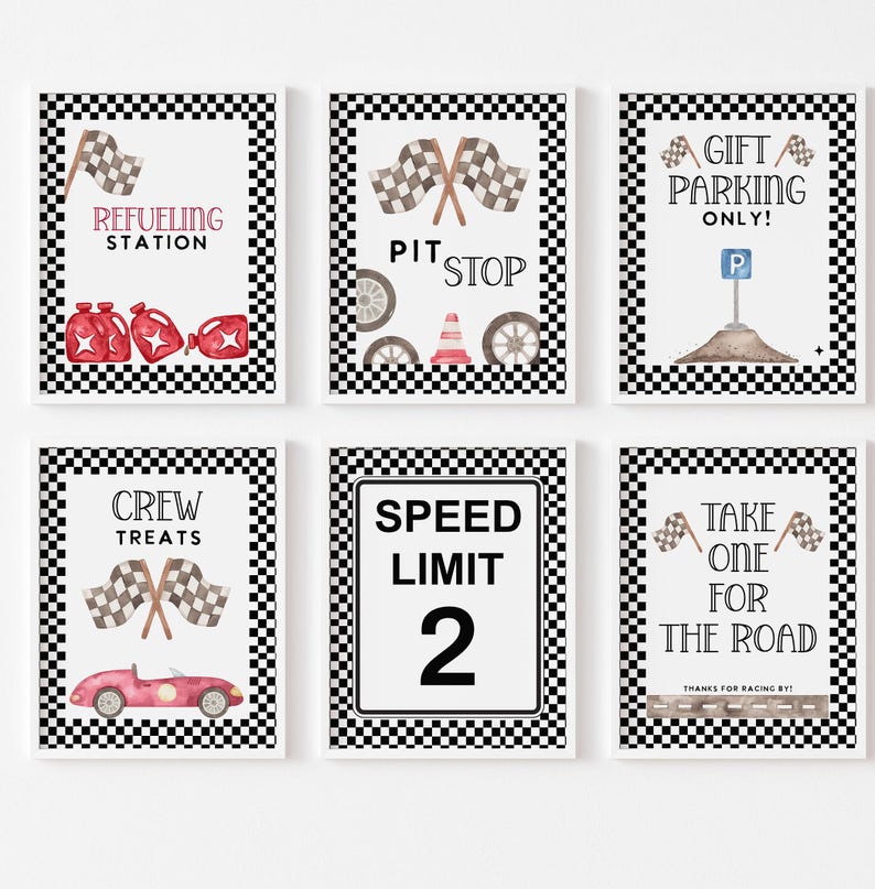 Race Car Party Signs: Pit Stop, Refueling Station, Speed Limit, Checked ...