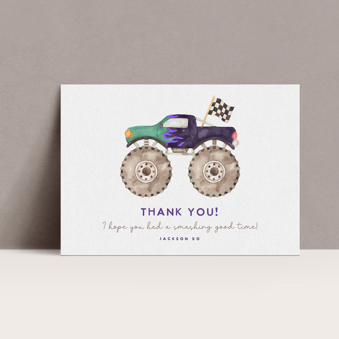 Monster Truck Thank You Card, Any Age, Boy Birthday Thank You , Monster ...