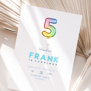 5th Birthday Balloon Invitation, Rainbow Balloon Party, Girl or Boy ...