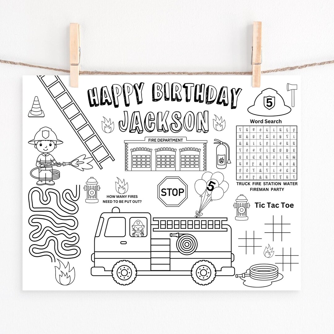 Firetruck Coloring Page, Activity Mat, Fireman Party Decor ...