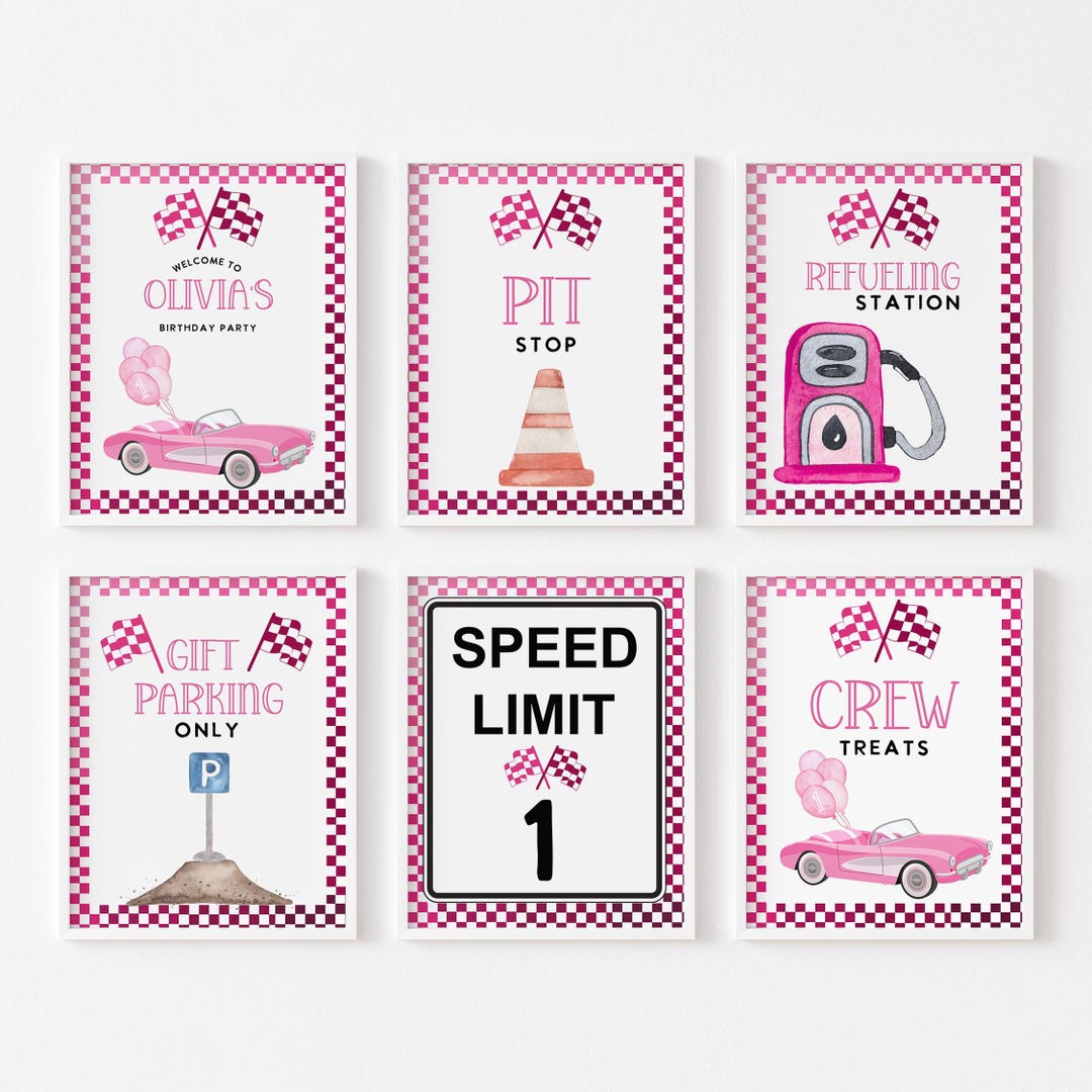 Pink Race Car Party Sign, Any Age, Girl Pink Birthday, Race Car ...