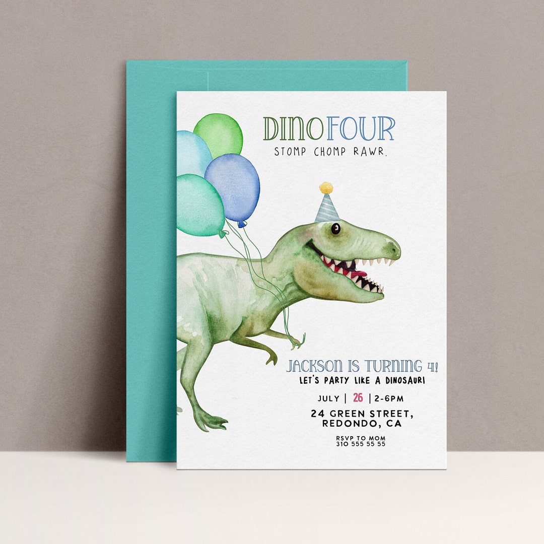 Dino Four Dinosaur Birthday Invitation Dinosaur Party Invite - Etsy