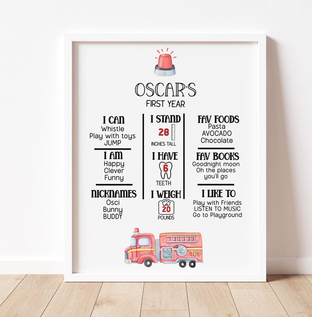 Firetruck First Birthday Milestones Board, Firetruck Stats Board ...