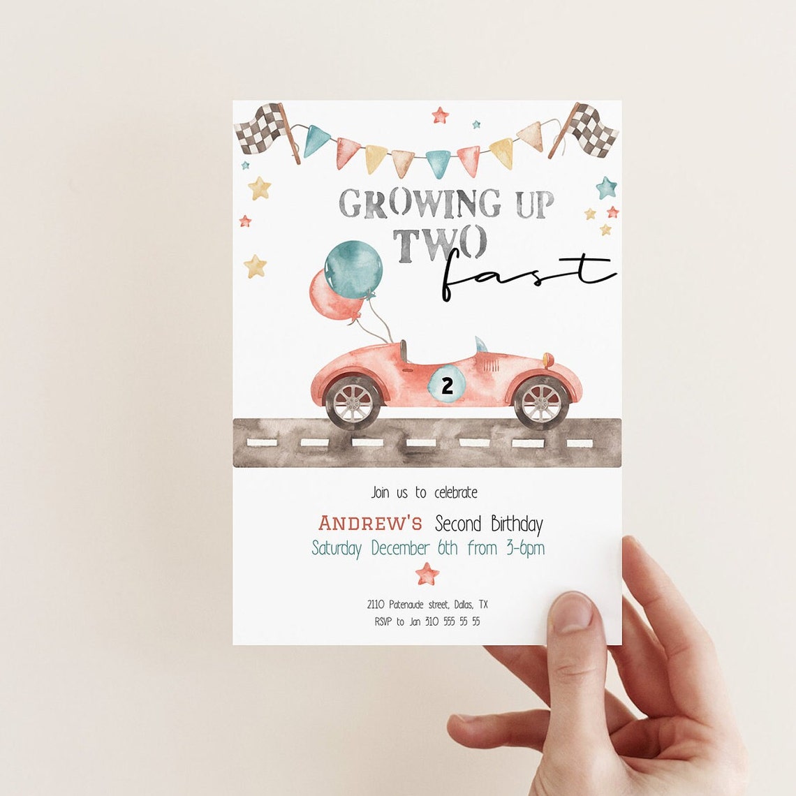 Growing up TWO Fast Birthday Invitation Boy Birthday Race - Etsy