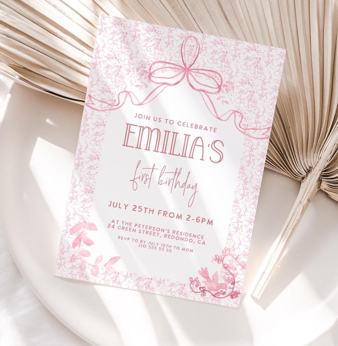 Vintage Pink Bow Invitation, Coquette Bow Party, Pink Toile Invitation ...