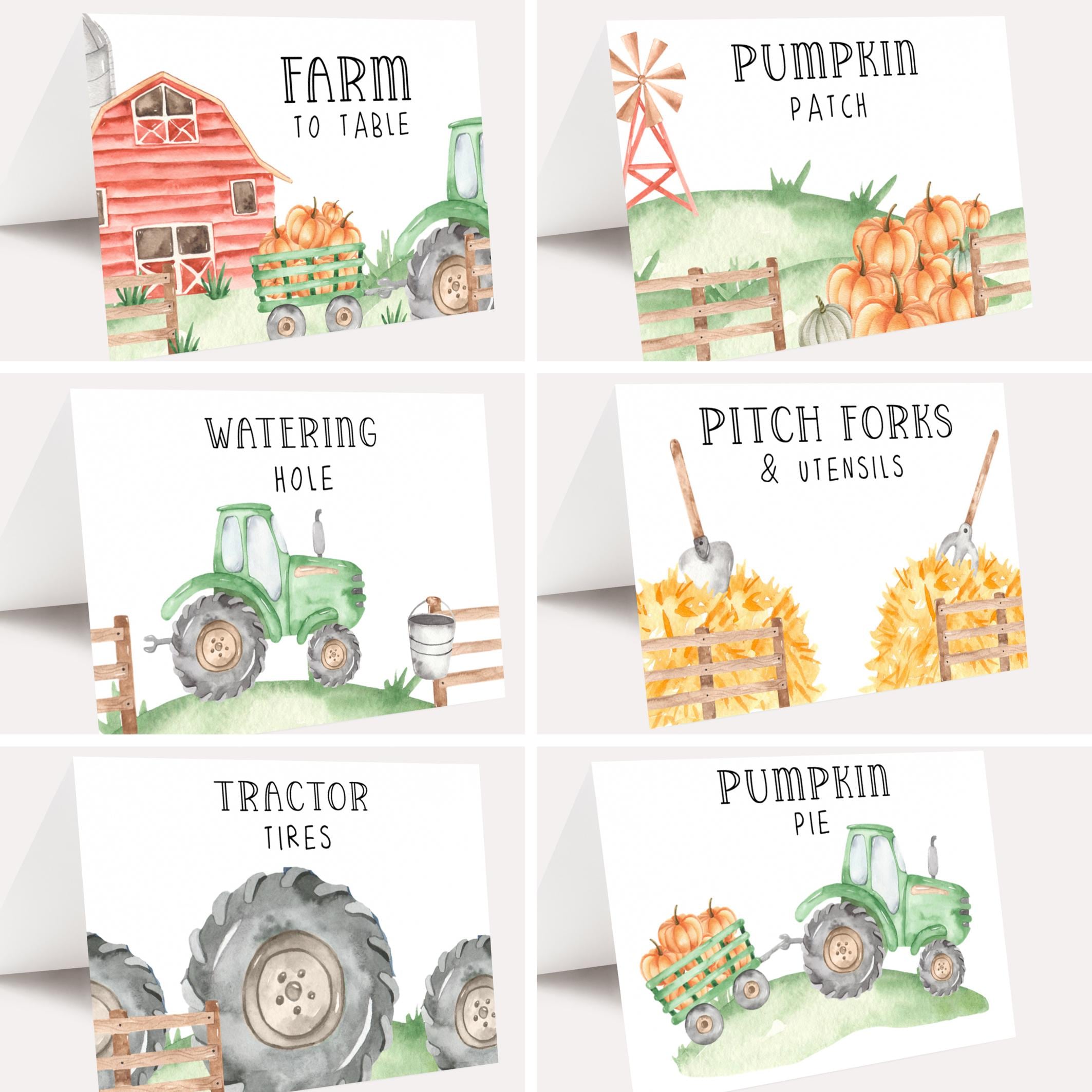 Green Tractor Food Tents, Place Card Labels: Pumpkin Farm Party Decor ...