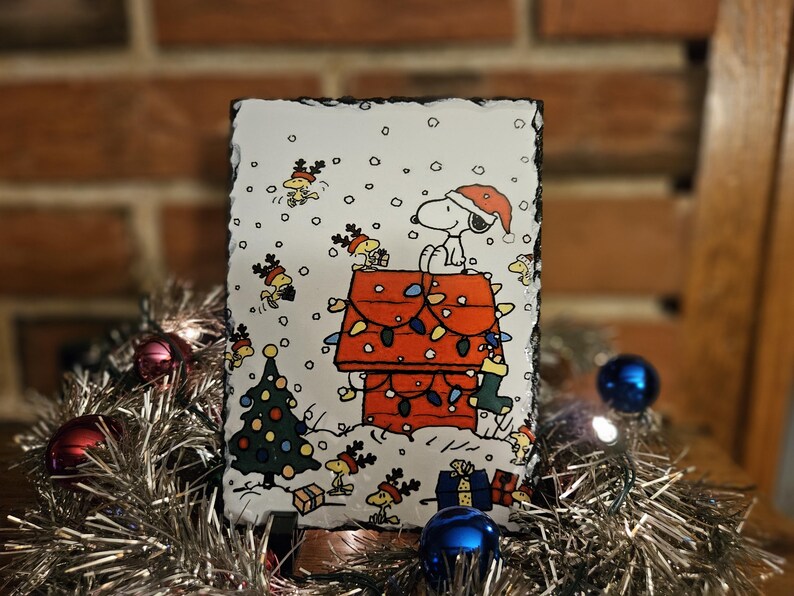 Snoopy and Woodstock Christmas Scene on Slate - Etsy