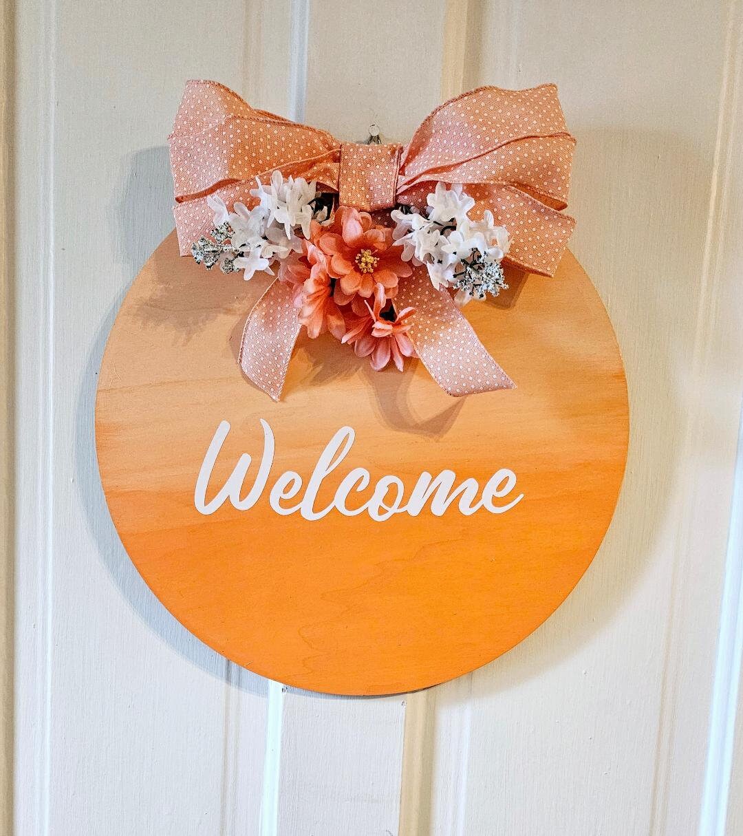 Round Wood Welcome Sign. 16 Inch Floral Front Door Hanger - Etsy