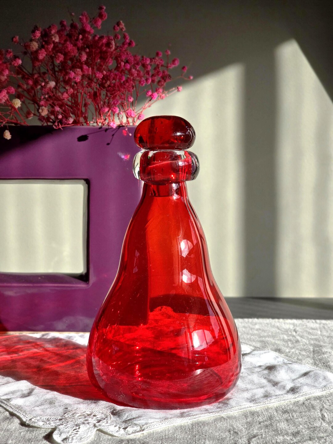 Vintage Murano Ruby Red Glass Decanter, Mid Century Italian Blown Glass ...