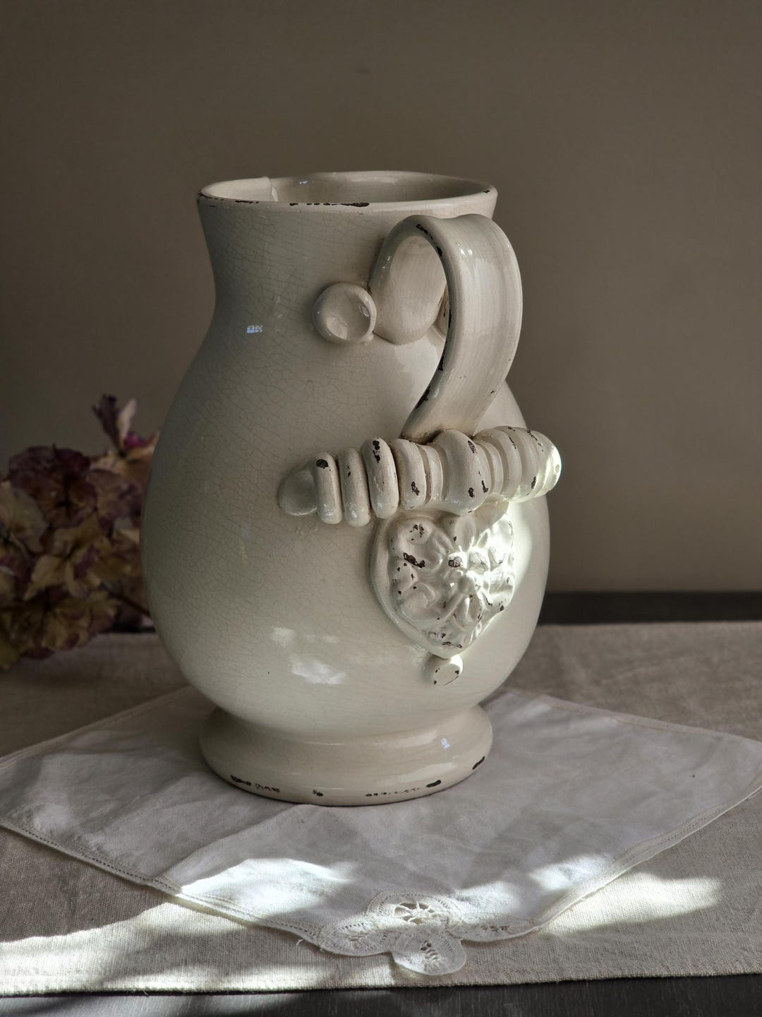 Large Vintage Italian Pitcher, White Crackle Glaze, Leona Lavorato a ...