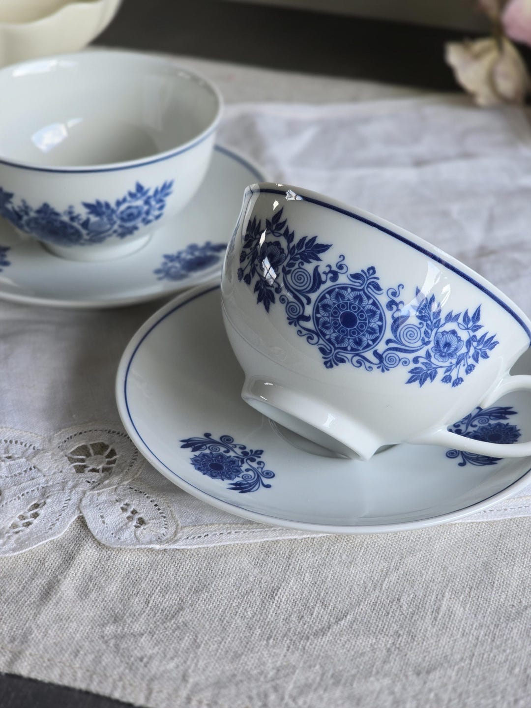 Vintage Maastricht Mosa Tea Cups & Saucers – Blue Floral Pattern ...
