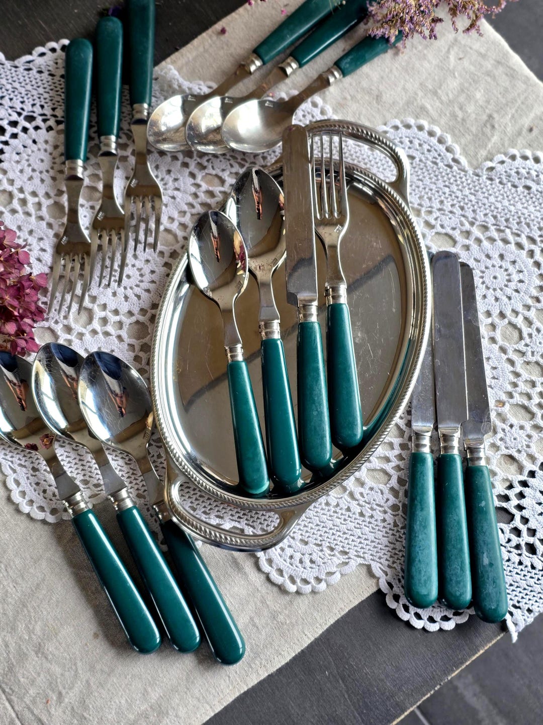 Scof France Cambridge Green Flatware Set for 4 – Vintage French Cutlery ...
