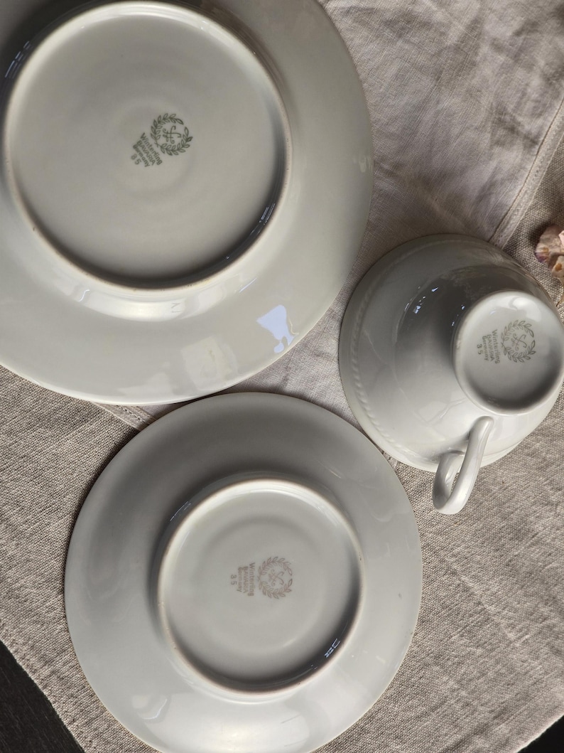 Vintage Tea Cup Saucer Plate Set, White Porcelain Tea Set for One, Gold ...