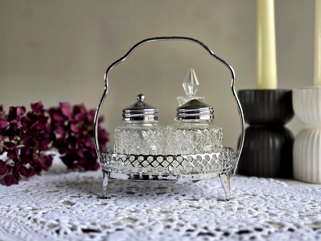 Vintage English Cruet Set – Glass Condiment Holder With Metal Stand ...
