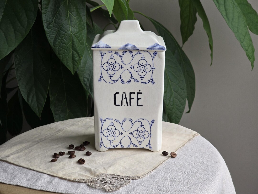 Vintage Ceramic Café Jar With Lid – Blue Floral Pattern & Craquelure ...