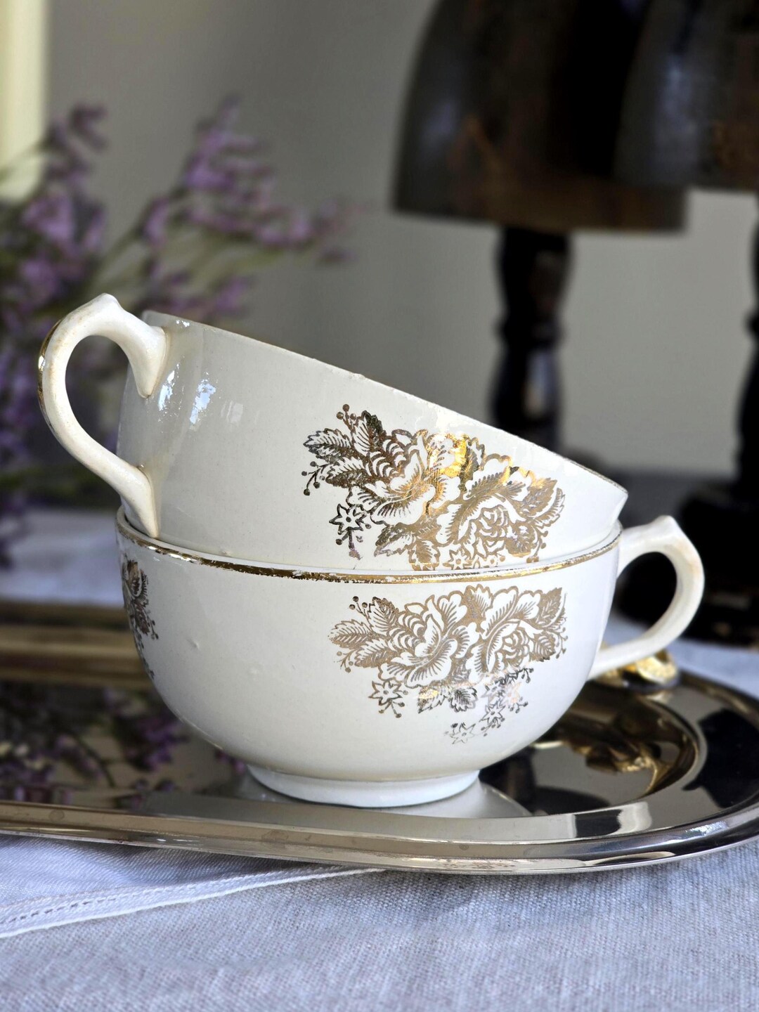 Vintage Boch La Louvière Belgium Tea Cups With Gold Floral, 1930s ...