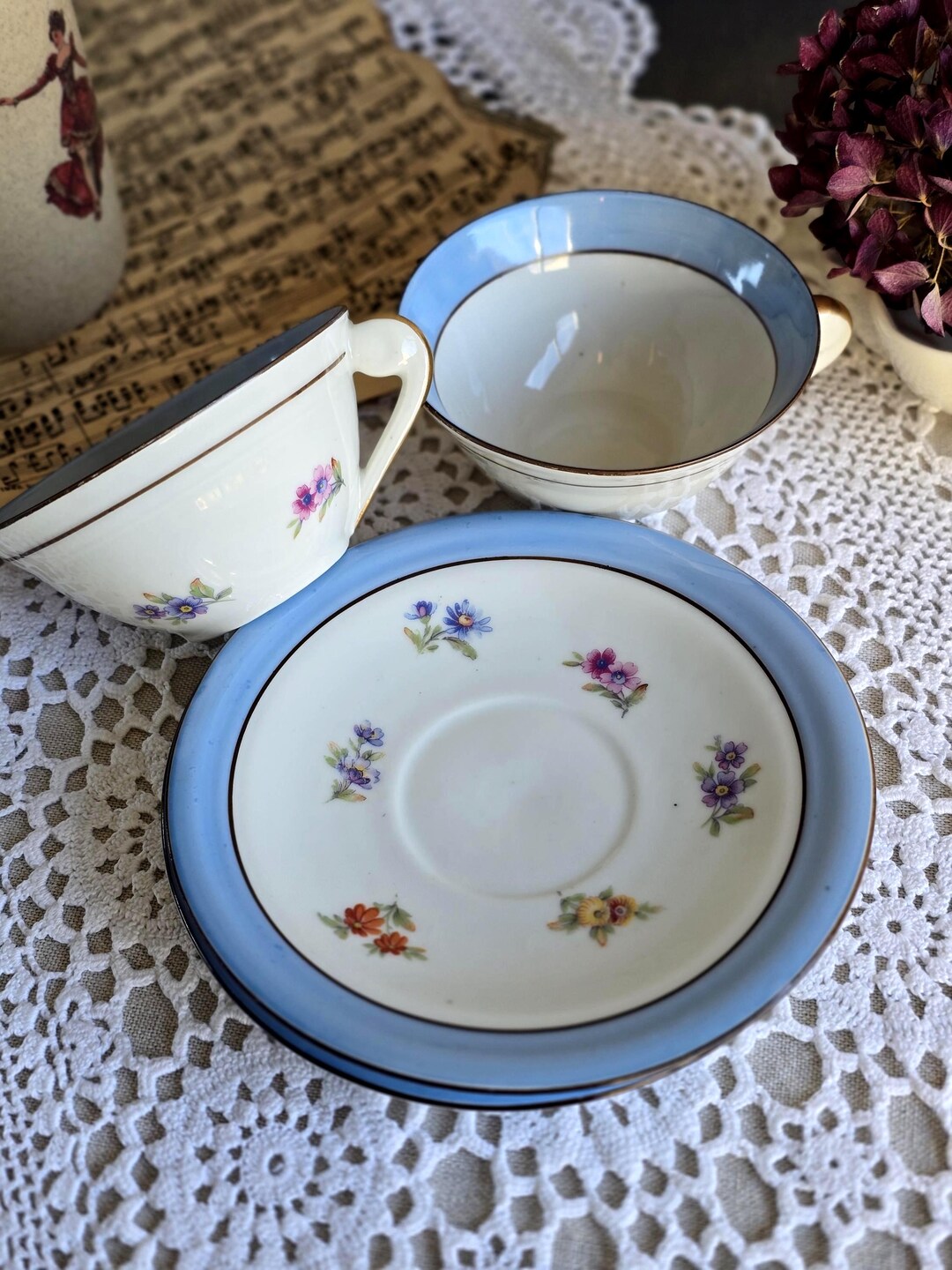 Vintage French Tea Cup & Saucer Set – Blue Rim Floral Porcelain – Set ...