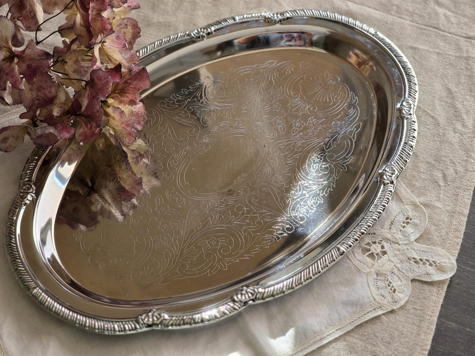 Vintage Metal Etched Serving Tray, Ornate Engraved Design, Oval Metal ...