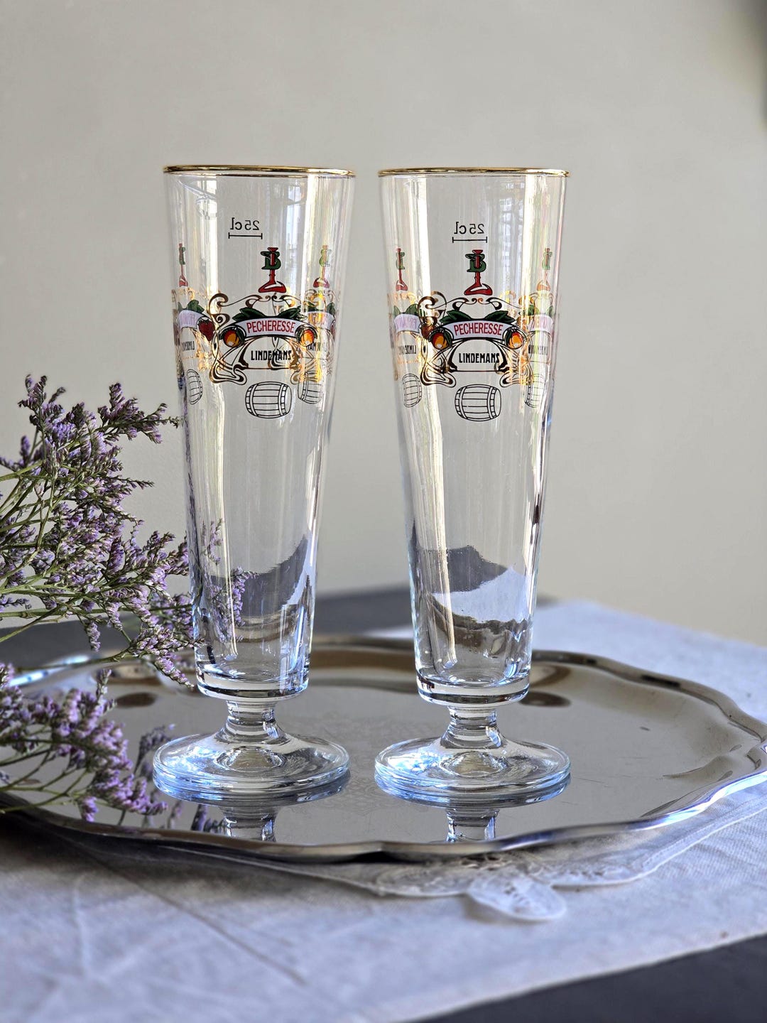 Vintage Lindemans Pecheresse Beer Glasses – Set of 2 Tall Belgian Flute ...