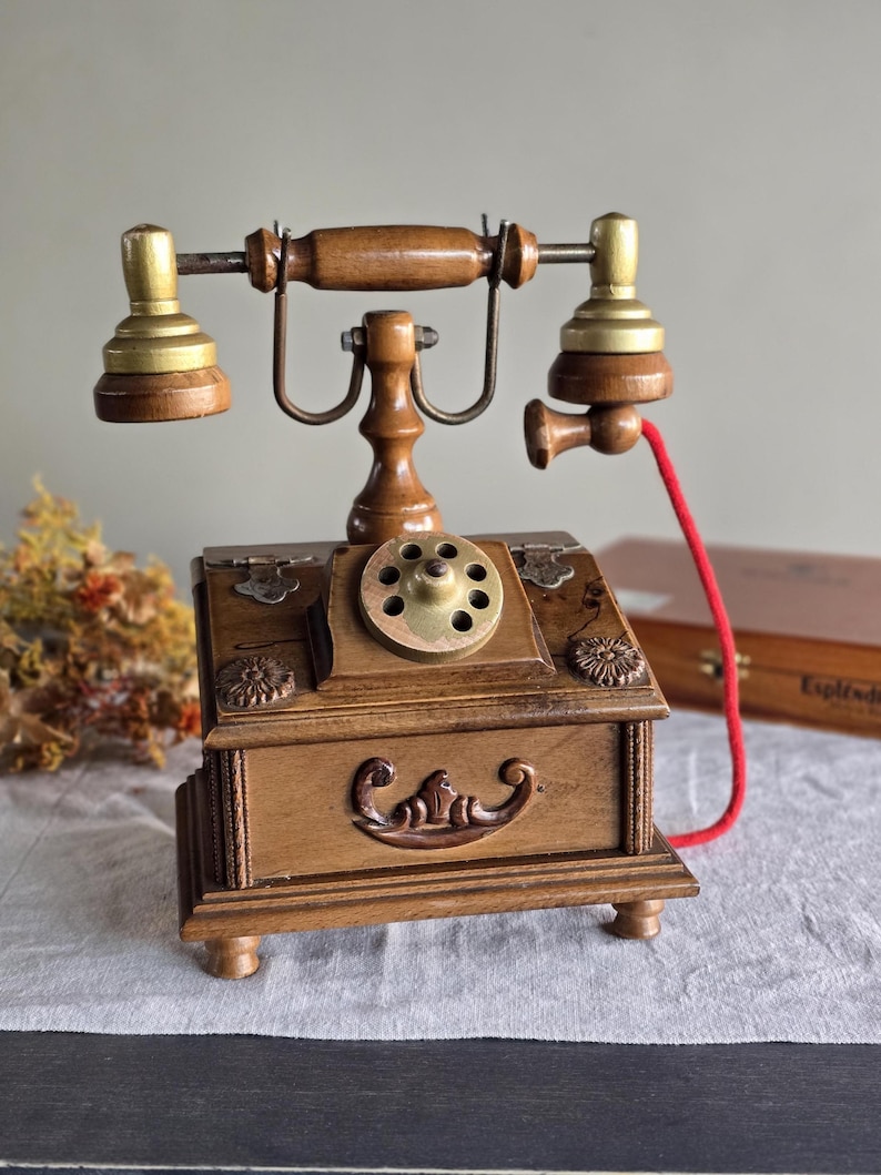 Vintage Wooden Telephone Jewelry Box – Lift-top Lid, Red Velvet Lining ...
