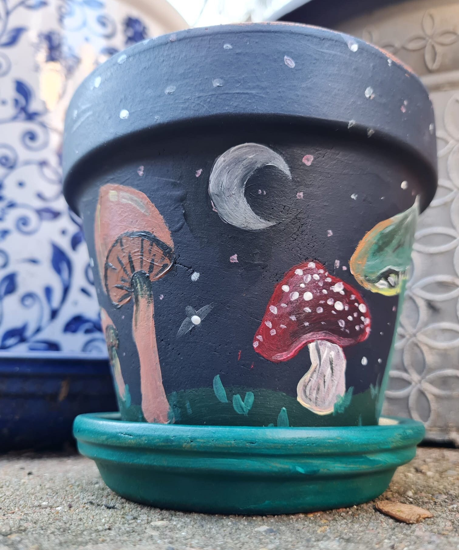 Mushrooms on a Night Sky - Handpainted Plant Pot - Etsy