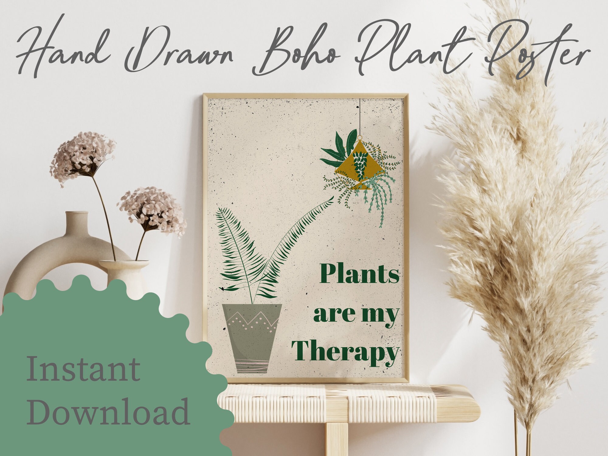 Hand-drawn Boho Plant Poster: Plants Are My Therapy | PNG Digital ...