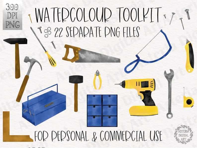 Watercolour PNG Toolkit, Hand Painted Hand Tools, Fathers Day Gift, Dad ...