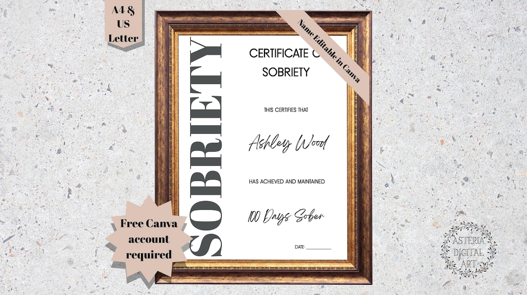 100 Days Editable Modern Minimalist Sobriety Certificate Template ...