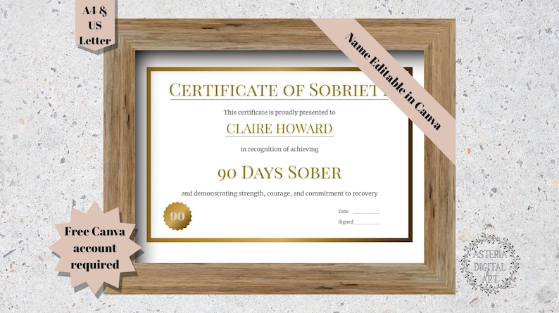 90 Days Editable Formal Sobriety Certificate Template | Canva Editable ...