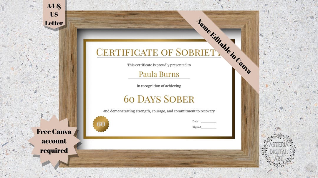 60 Days Editable Formal Sobriety Certificate Template | Canva Editable ...