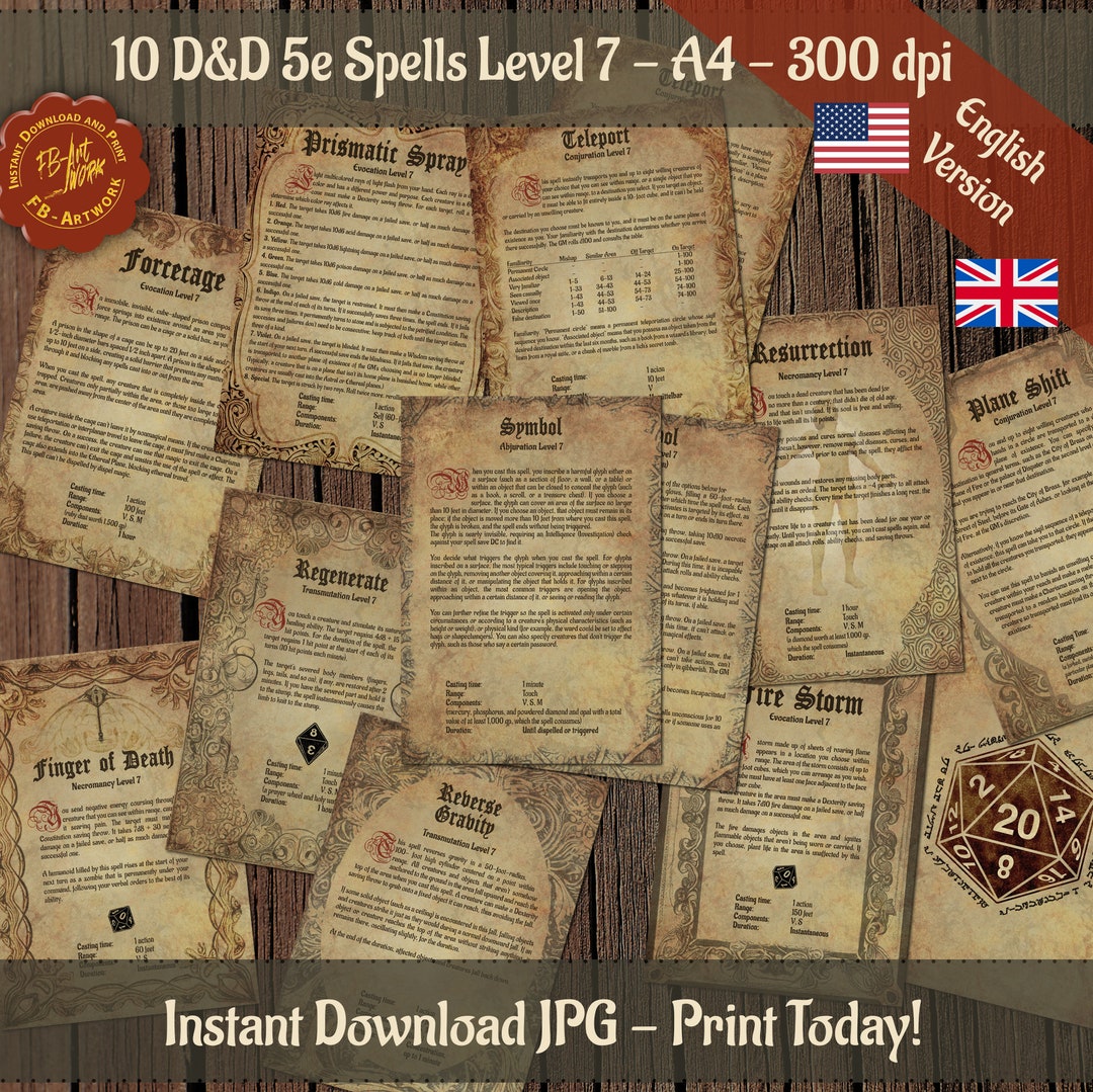 10 Dnd Spells 7th Level Parchment Look Spells to Print A4 Spells ...