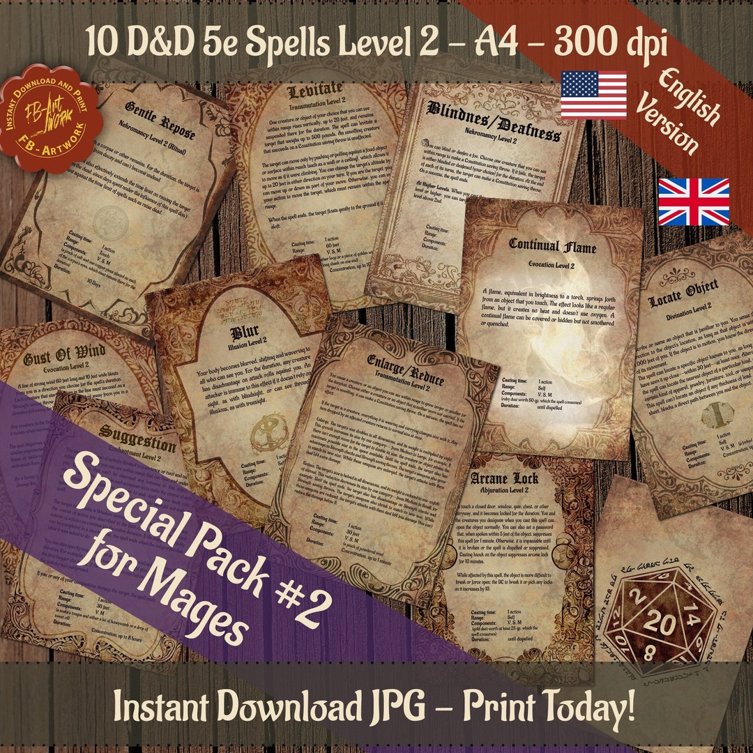 10 Dnd Spells 2nd Level for Mages Parchment-look Spells for Printing A4 ...