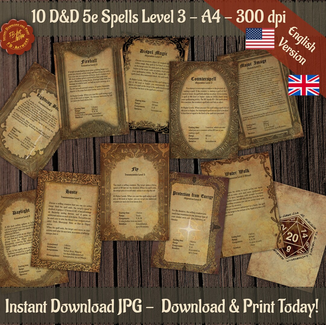 10 Dnd Spells 3rd Level Parchment-look Spells to Print A4 Spells ...