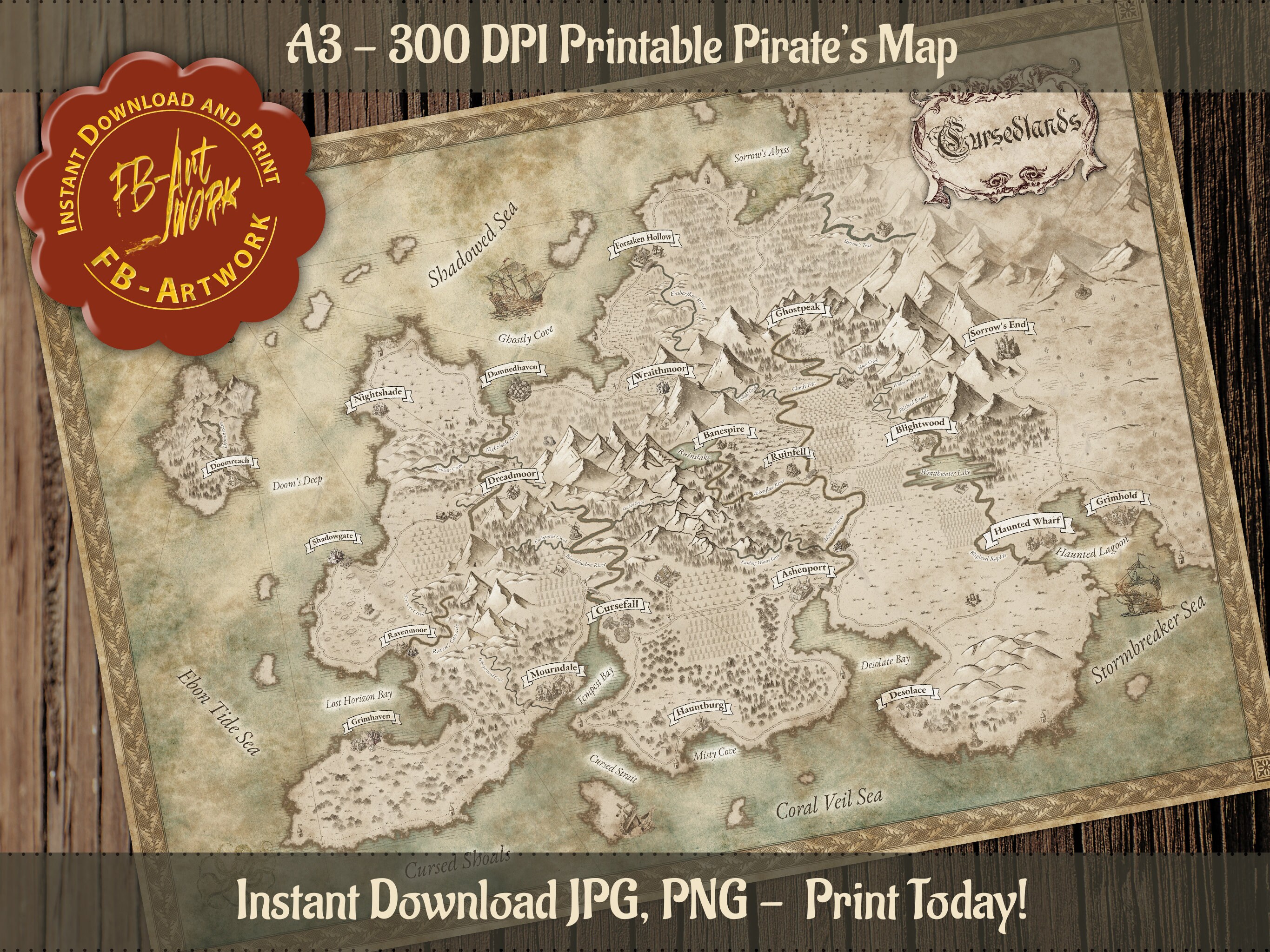 Pirate Map to Print Map for Decoration or Dnd Treasure Map Pirate Prop ...