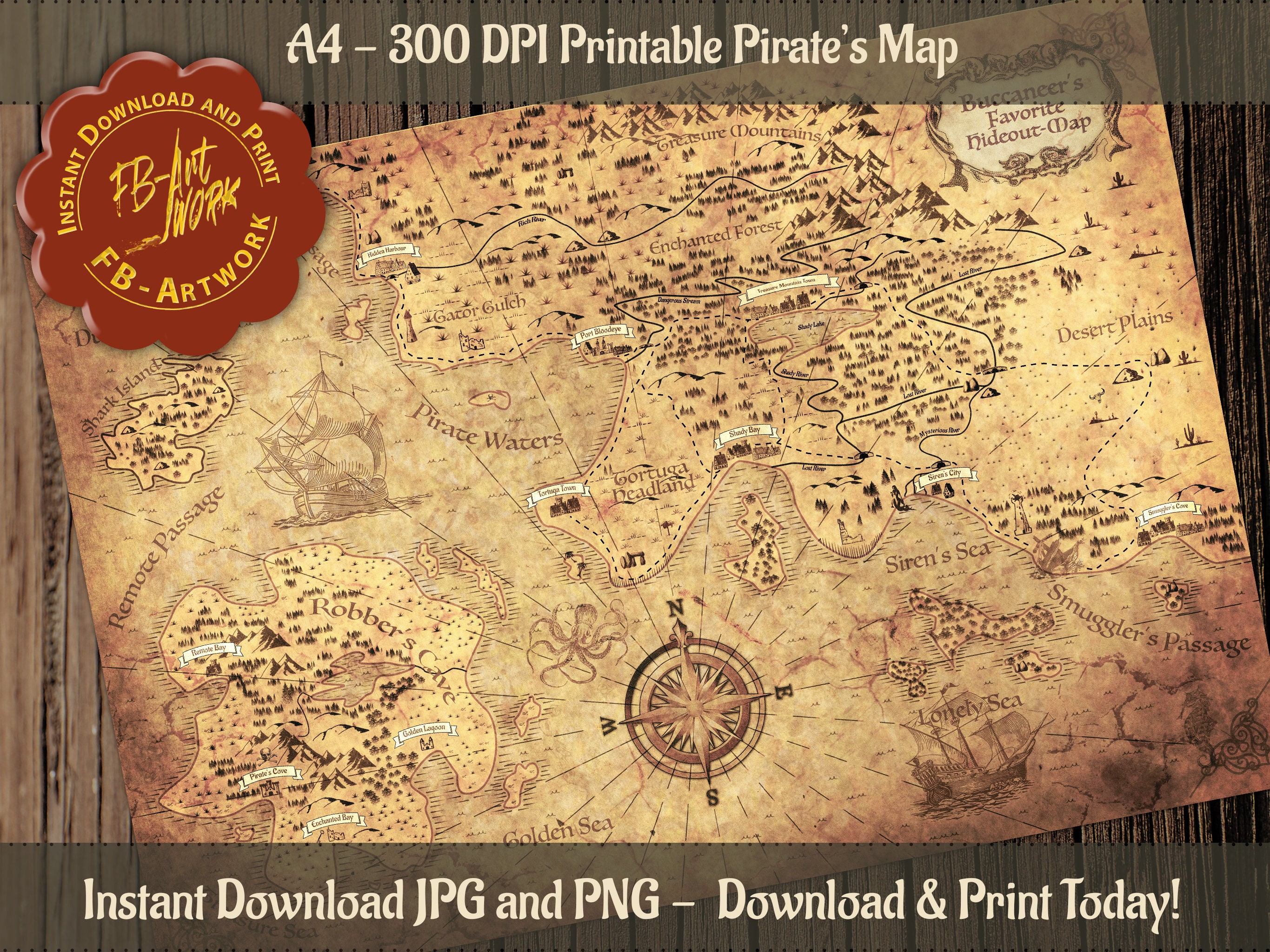Pirate Map for Printing, Map for Decoration or D&D Treasure Map, Pirate ...