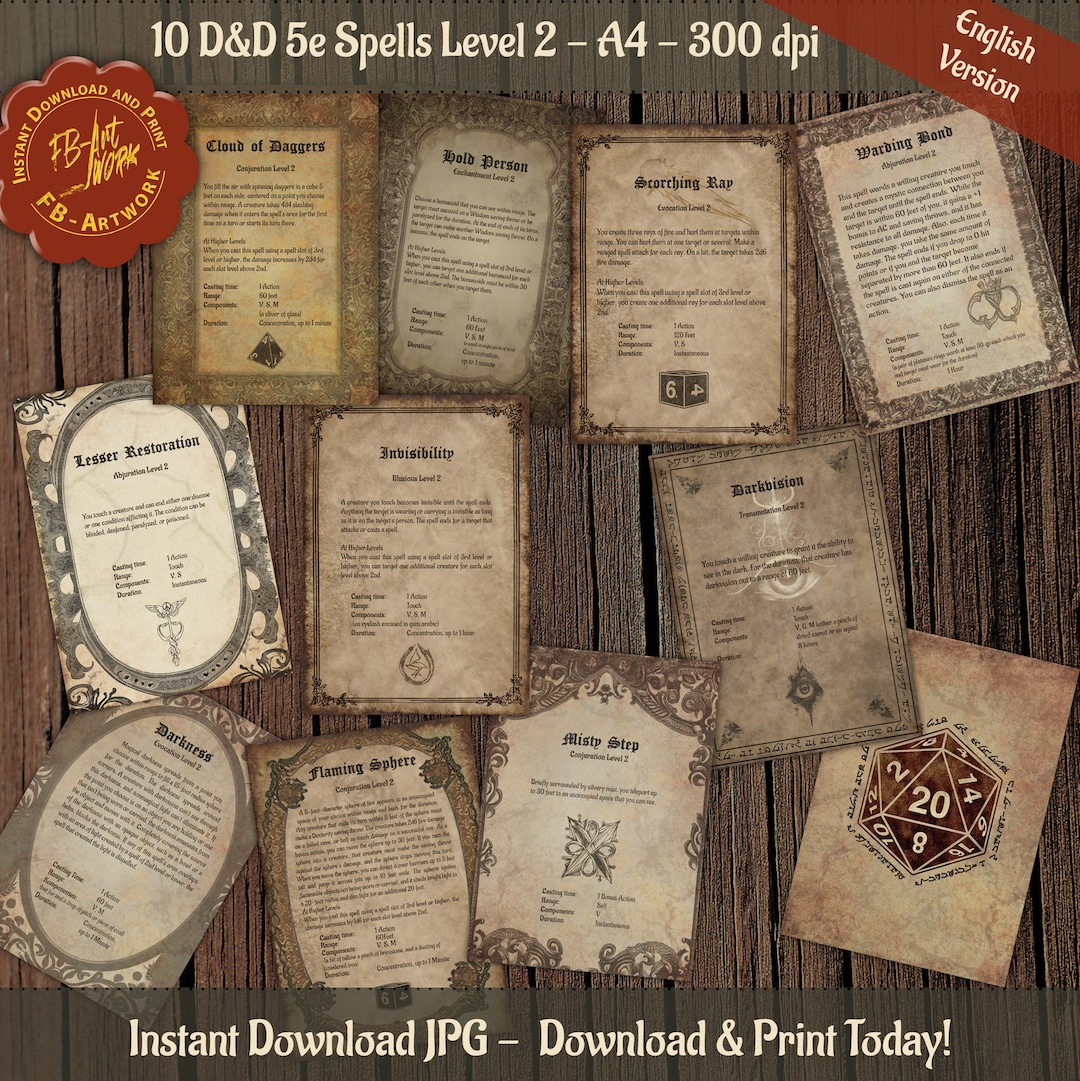 10 Dnd Spells 2nd Level Parchment-look Spells to Print A4 Spell English ...
