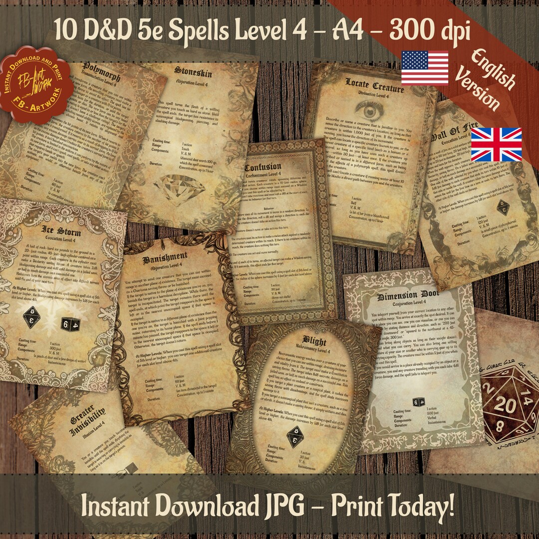 10 Dnd Spells 4th Level Parchment-look Spells to Print A4 Spells ...