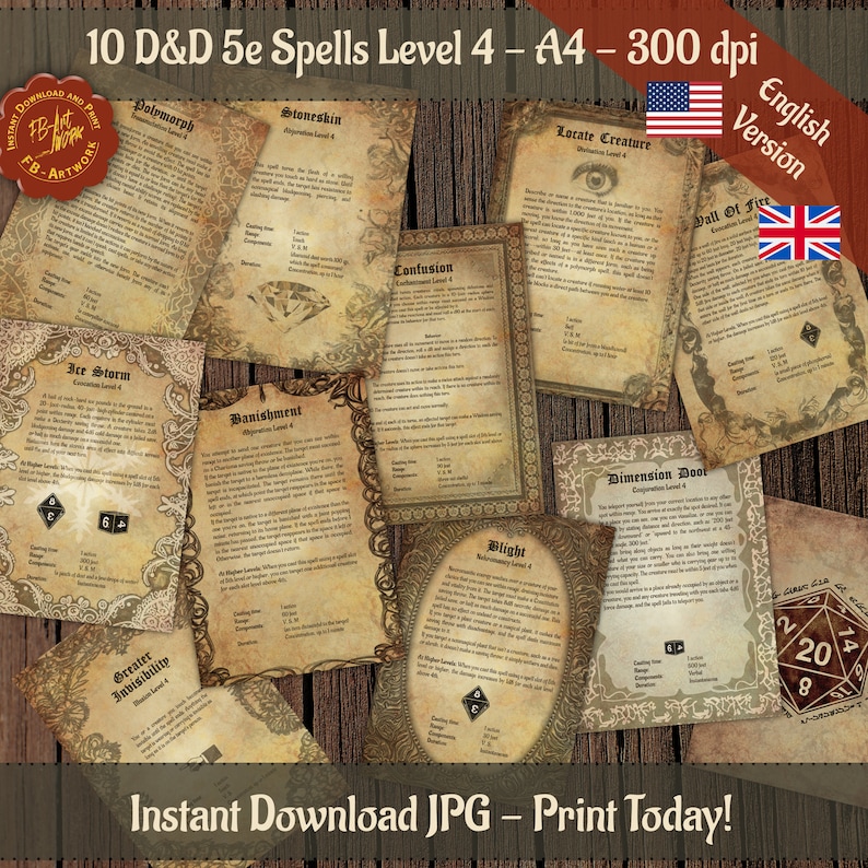 10 Dnd Spells 4th Level Parchment-look Spells to Print A4 Spells ...