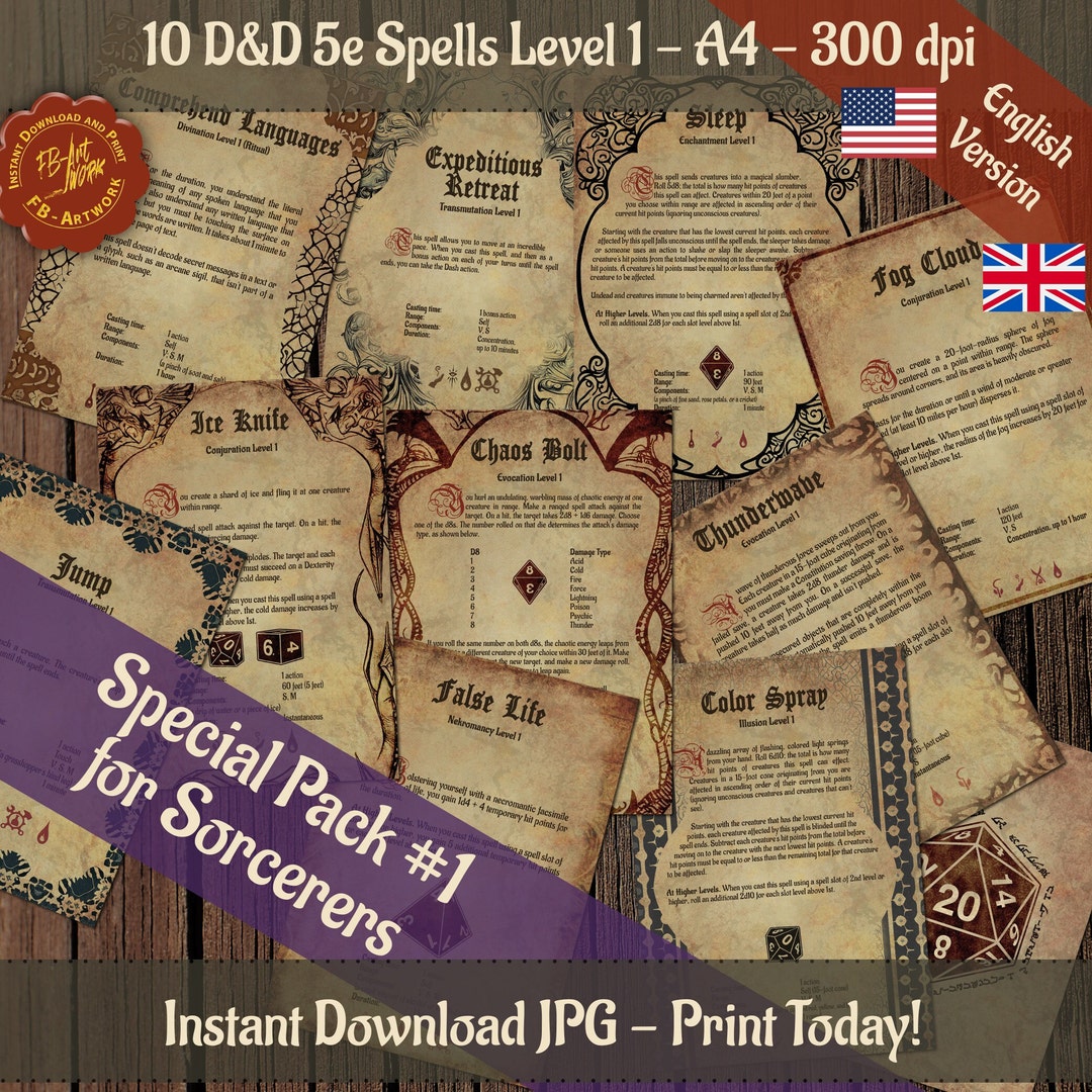10 Dnd Spells 1st Level for Sorcerers Parchment-look Spells for ...