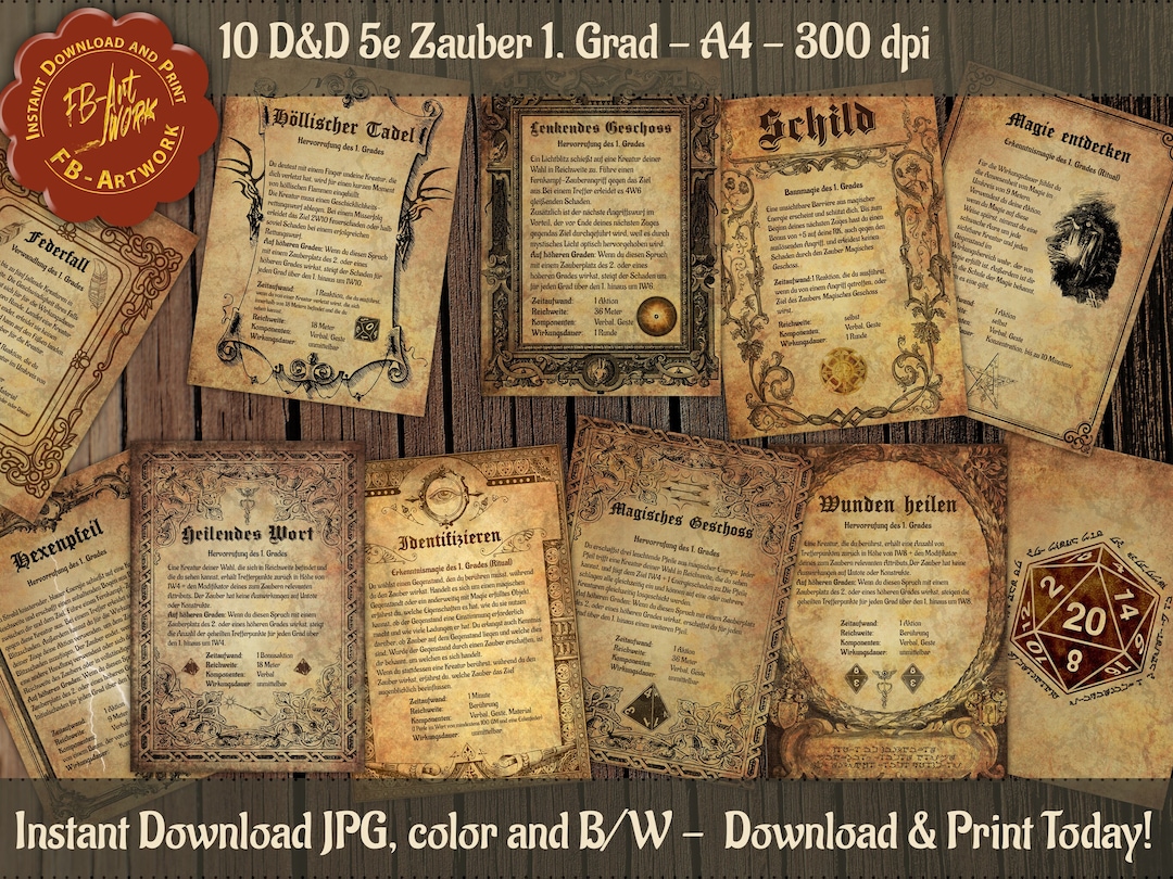 10 Dnd Spells of the First Level Parchment-look Spells to Print A4 ...