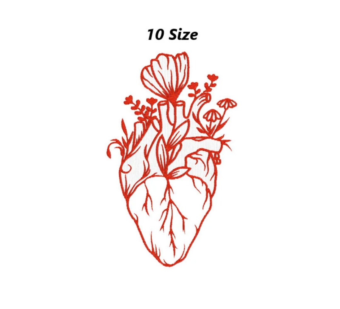 Floral Heart Linear Art Embroidery Design, Heart Embroidery Design. 10 ...