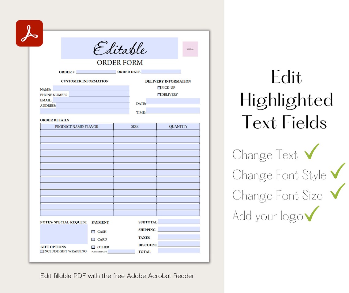 Editable Order Form Template Bundle, Fillable PDF, US Letter Size 8 ...