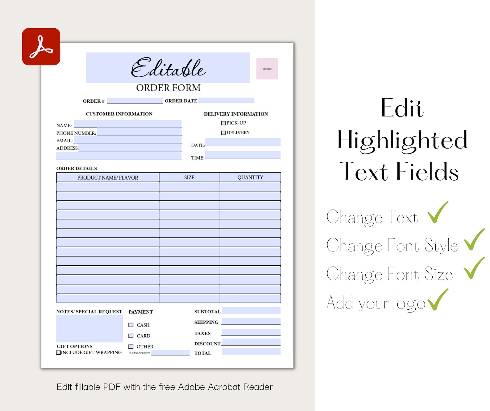 Editable Order Form Template Bundle, Fillable PDF, US Letter Size 8 ...