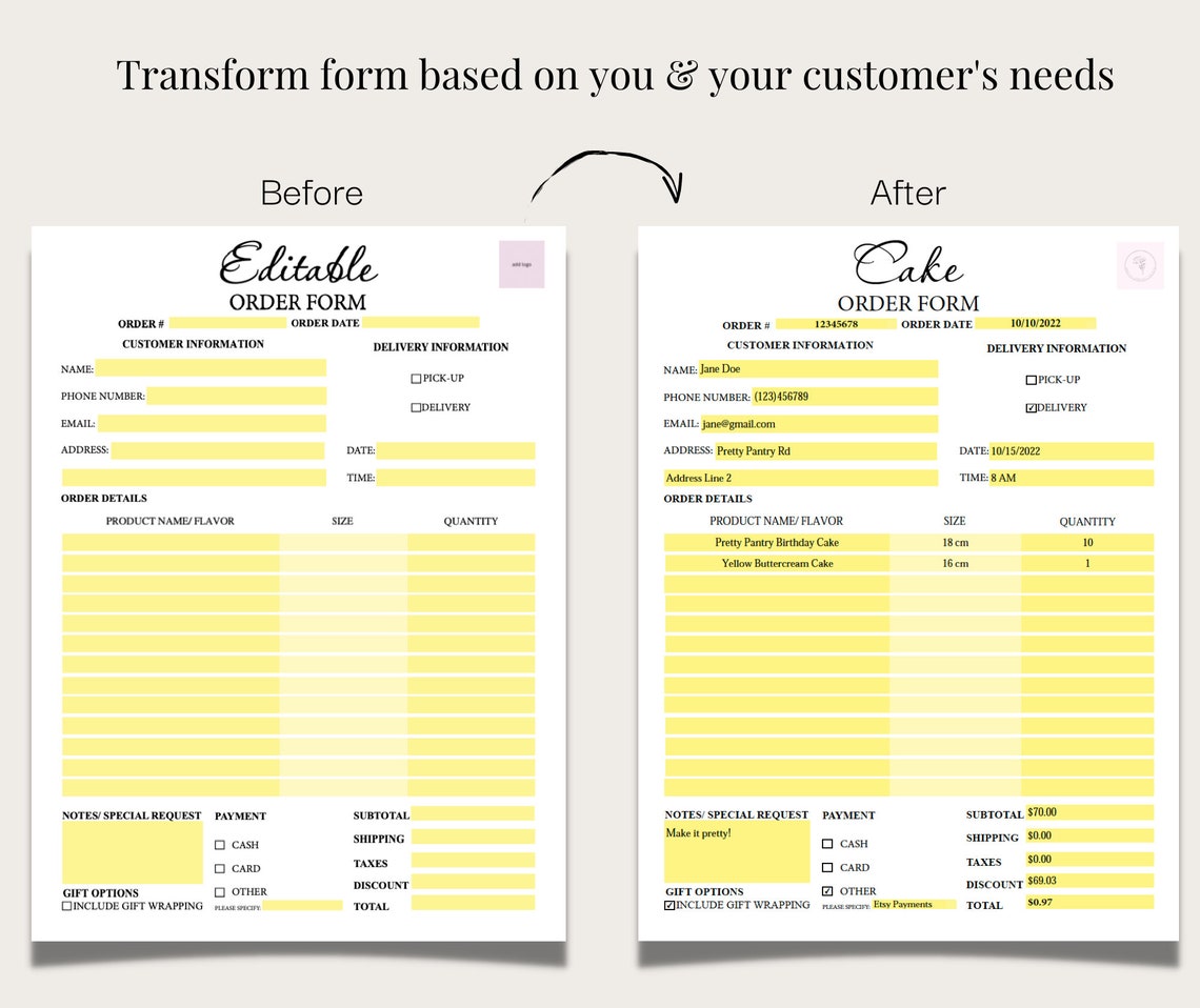Editable Order Form Template Yellow, Printable Fillable PDF, Minimalist ...