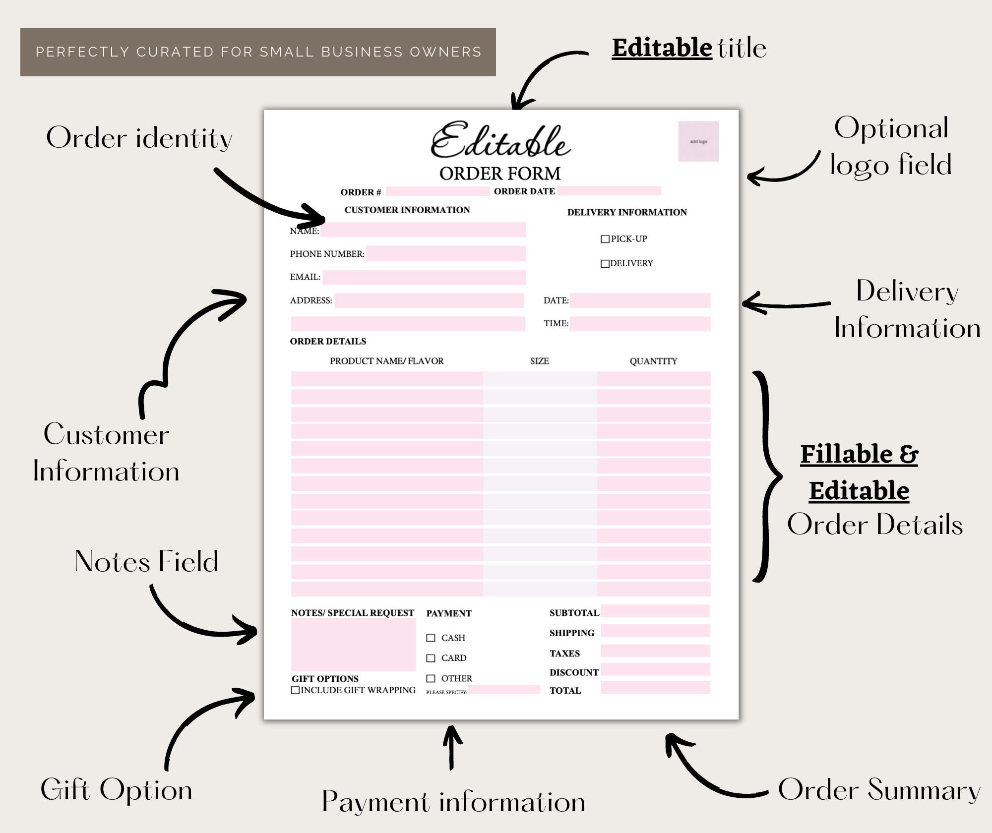 Editable Order Form Template, Printable Fillable PDF Form, US Letter ...