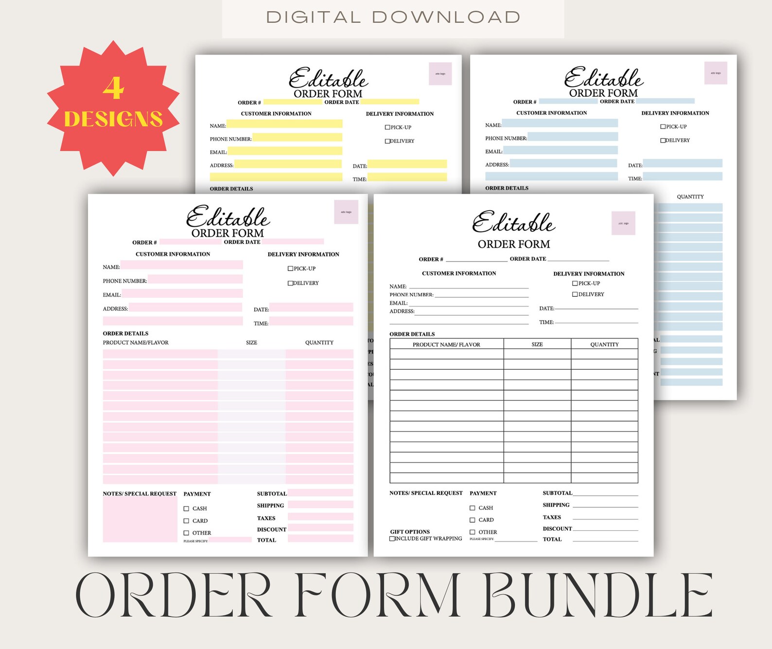 Editable Order Form Template Bundle, Fillable PDF, US Letter Size 8 ...