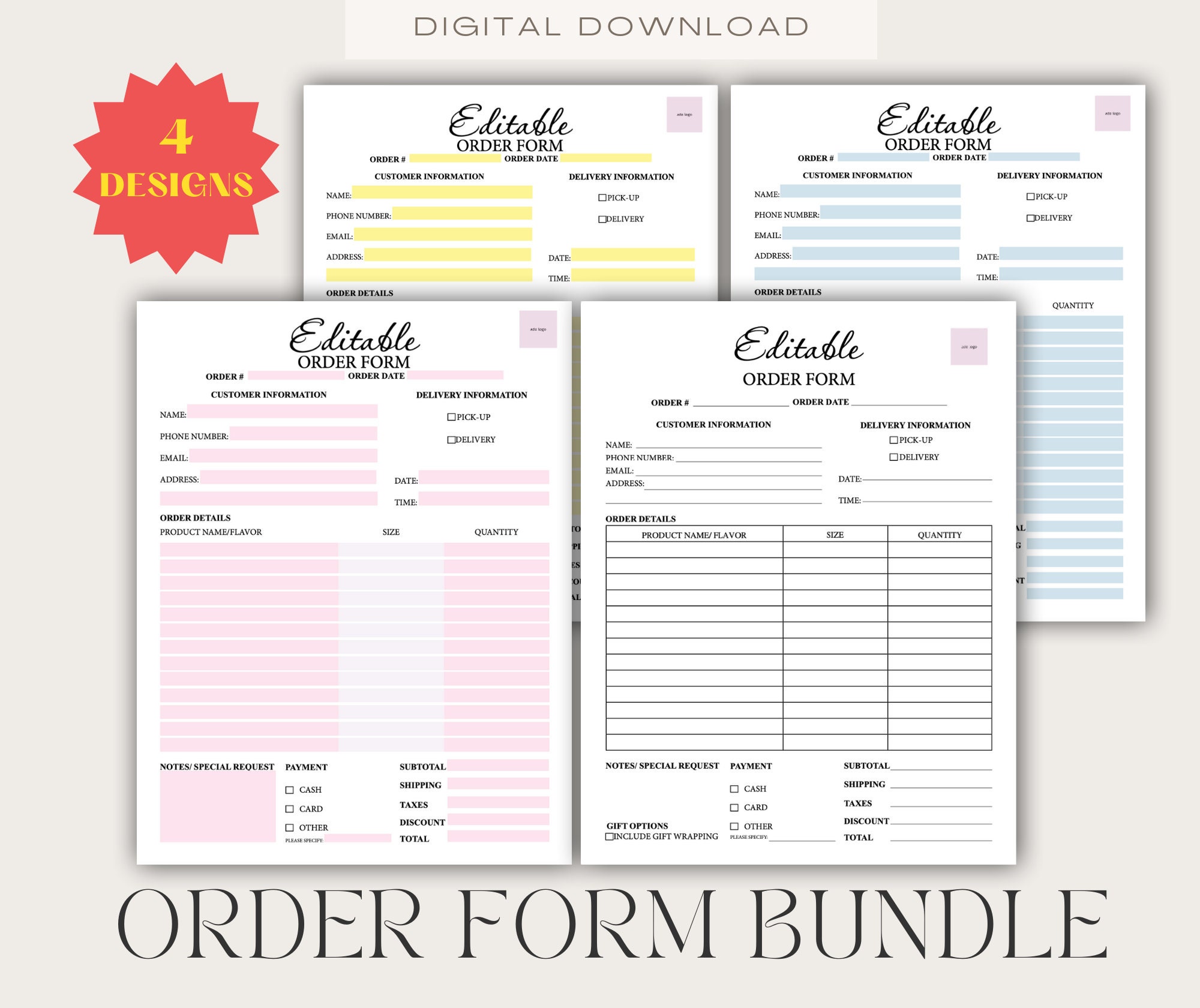 Editable Order Form Template Bundle, Fillable PDF, US Letter Size 8 ...
