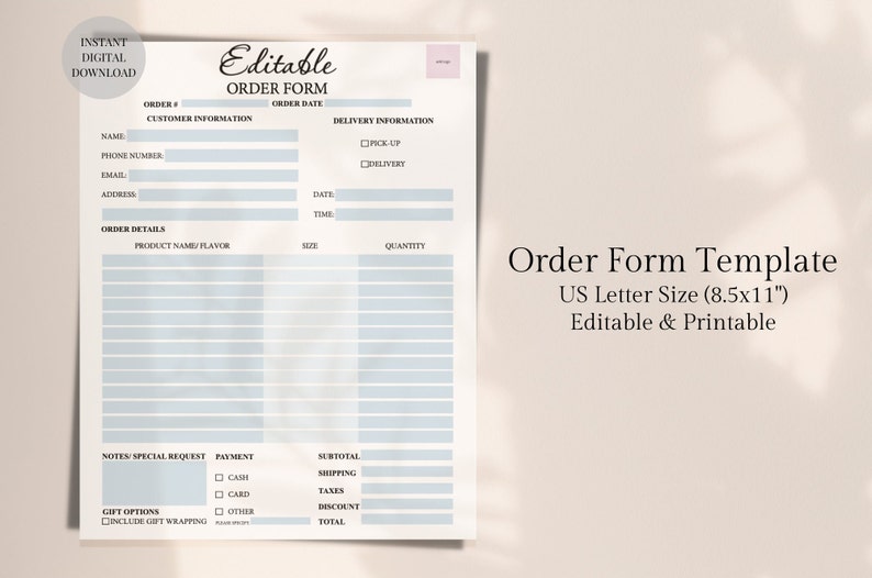 Editable Order Form Template Blue Printable Fillable PDF - Etsy