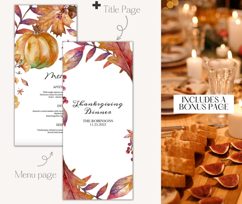 Editable Thanksgiving Menu Template for Fall Holiday Dinner, Printable ...